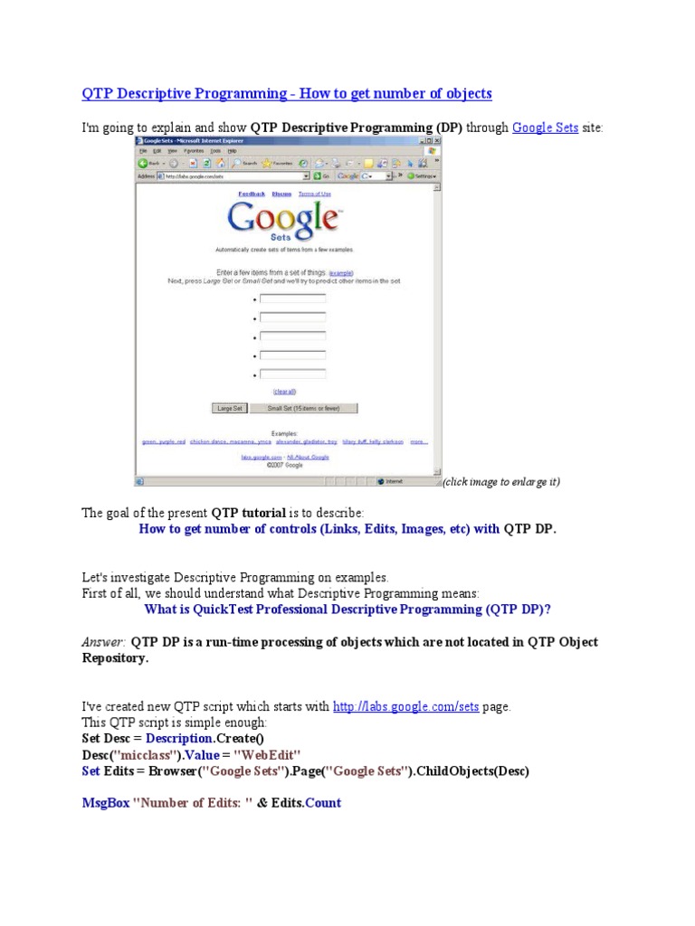 QTP Descriptive Programming - How To Get Number of Objects: Google Sets | PDF | World Wide Web ...