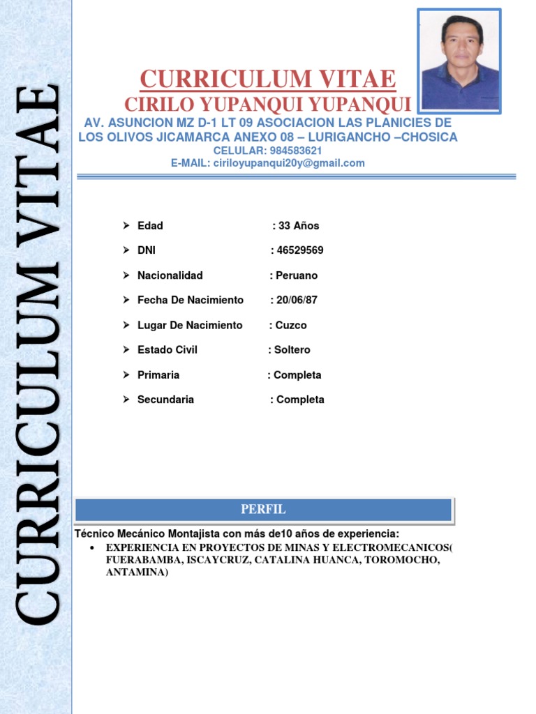 CV Cirilo Yupanqui Actualizado Mecanico Montajista 2021 | PDF