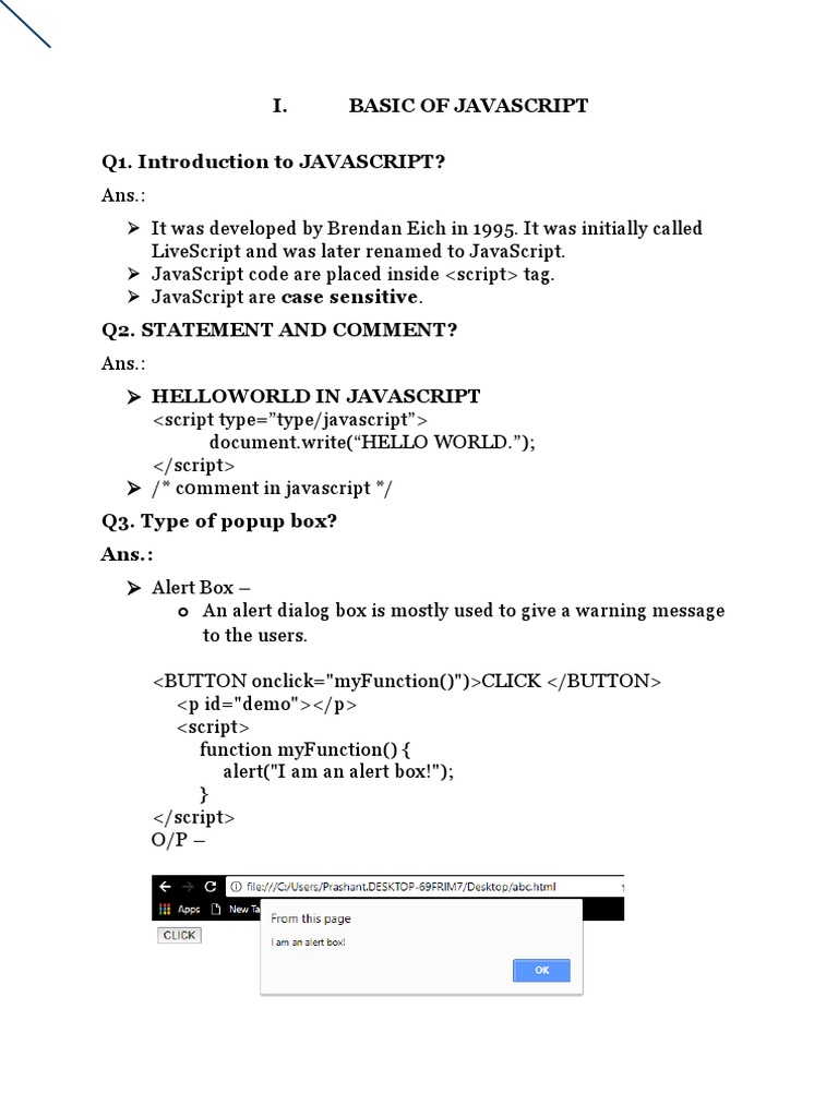 I Basic Of Javascript Q1 Introduction To Javascript Pdf Document Object Model Java Script