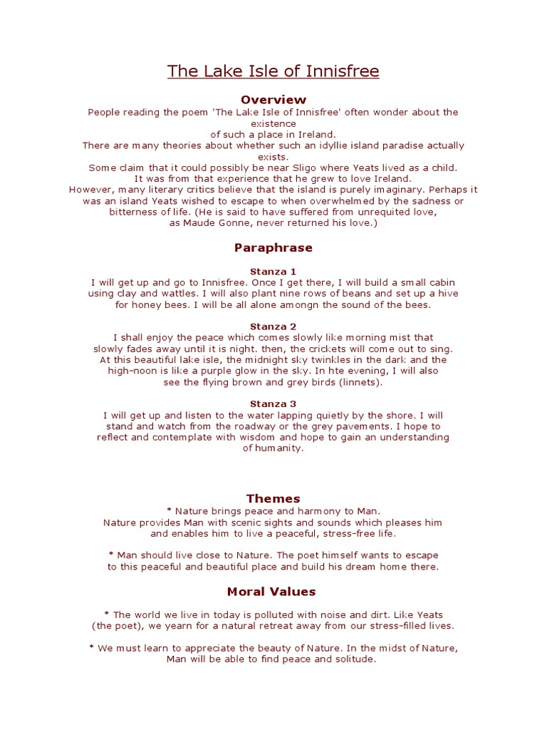 The Lake Isle of Innisfree | PDF | W. B. Yeats | Poetry