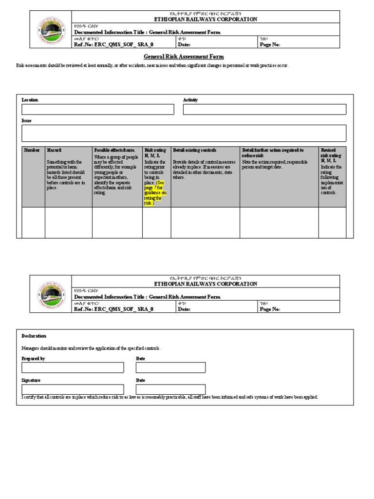 Site Visit Risk Assessment Form | PDF | Risk Assessment | Risk