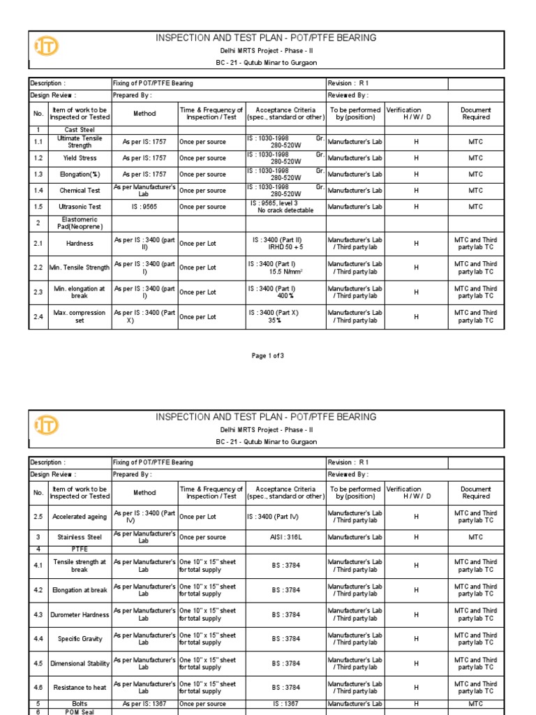 Inspection and Test Plan - Pot/Ptfe Bearing | PDF | Welding | Construction