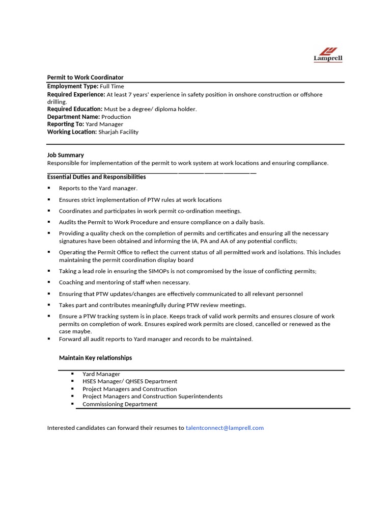 Job Description - PTW Coordinator - 251015 | PDF