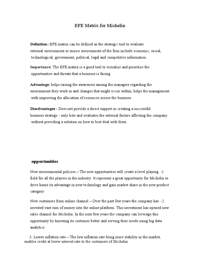 EFE Matrix For Michelin: Definition:EFE Matrix Can Be Defined As The ...