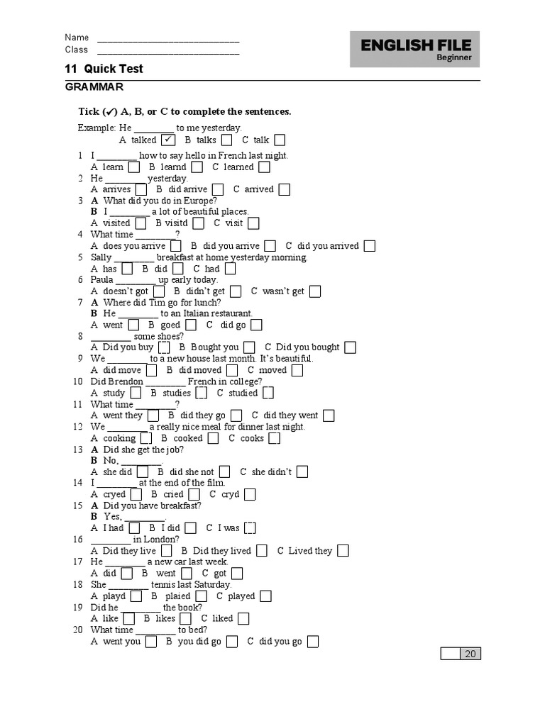 11 Quick Test: Grammar Tick ( ) A, B, or C To Complete The Sentences ...