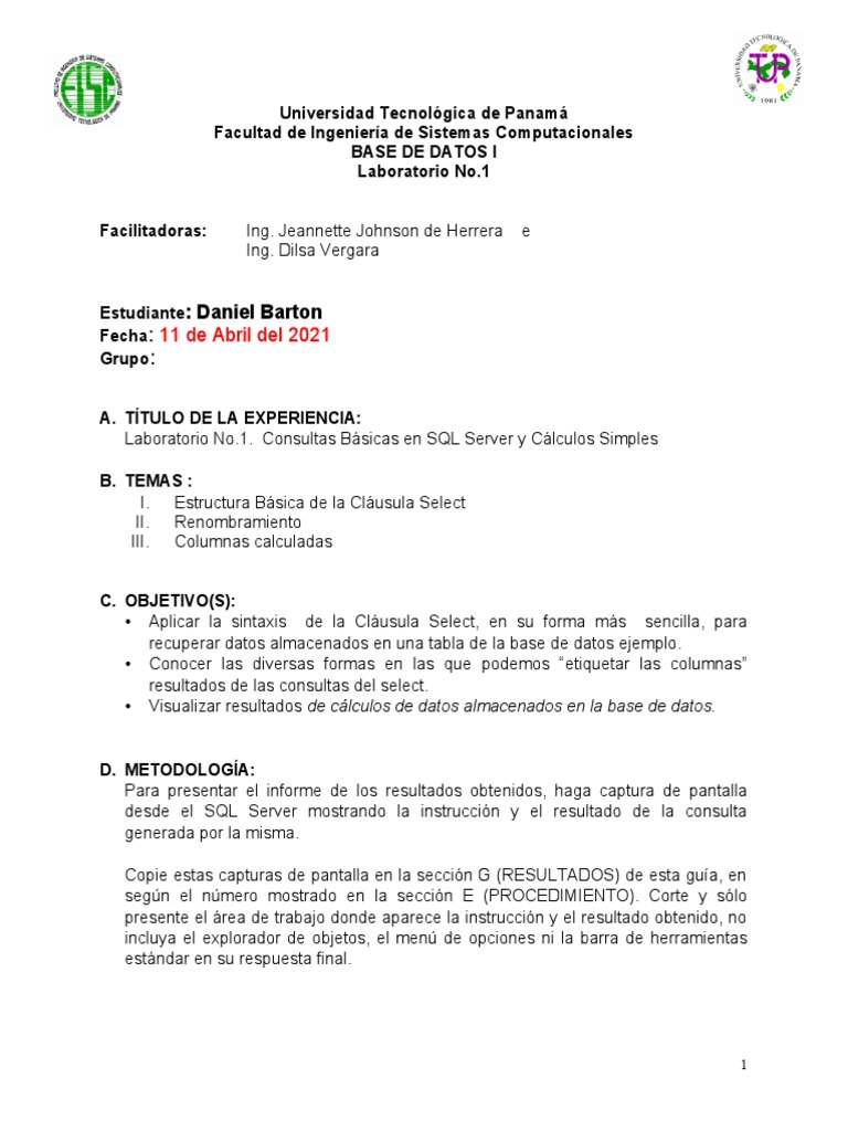 Lab1-Base de Datos | Descargar gratis PDF | SQL | Servidor SQL de Microsoft