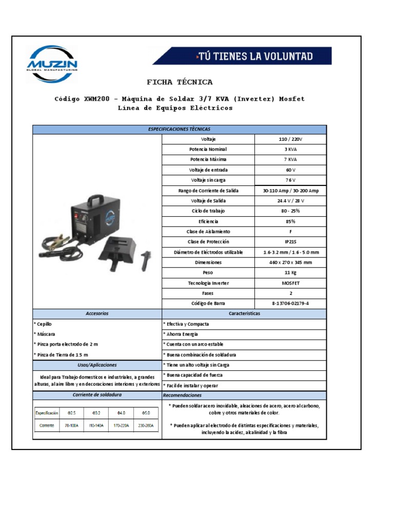 Fichas Tecnicas. Maquinas de Soldar XWM200 | PDF | Soldadura | Construcción