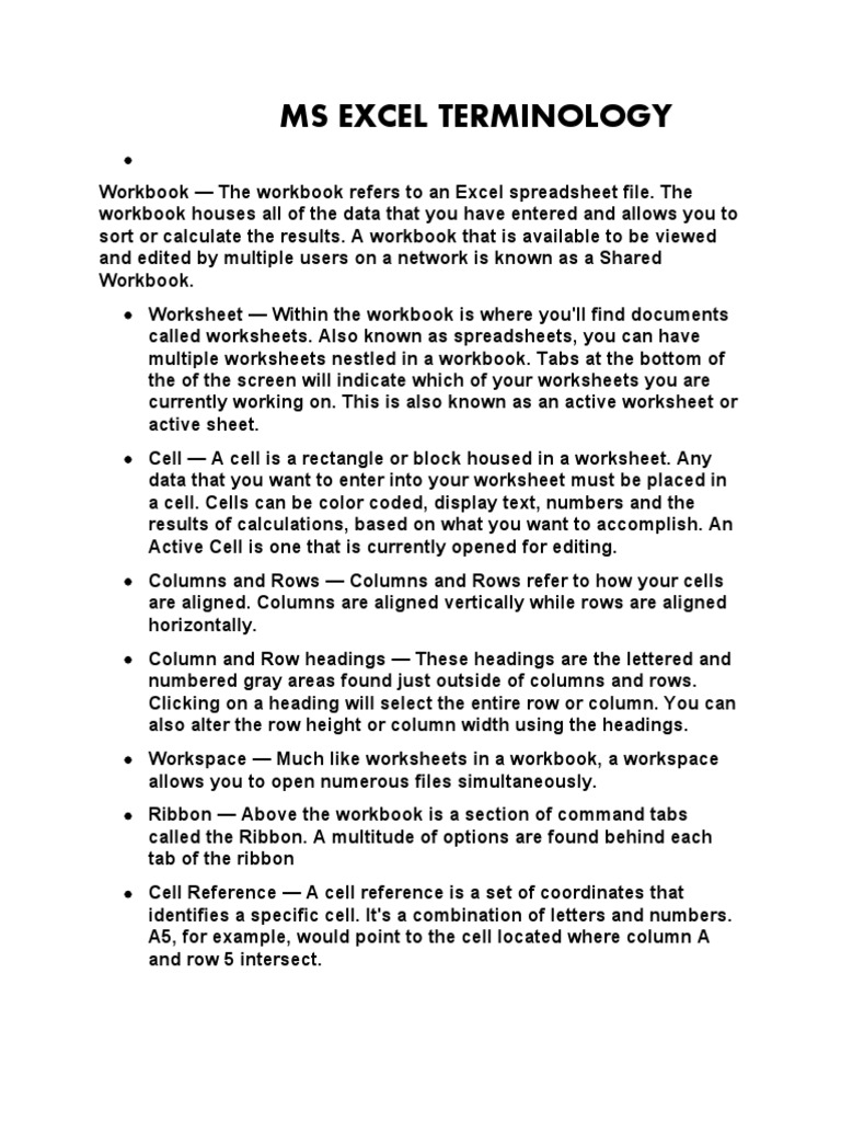 Ms Excel Terminology | PDF | Microsoft Excel | Worksheet