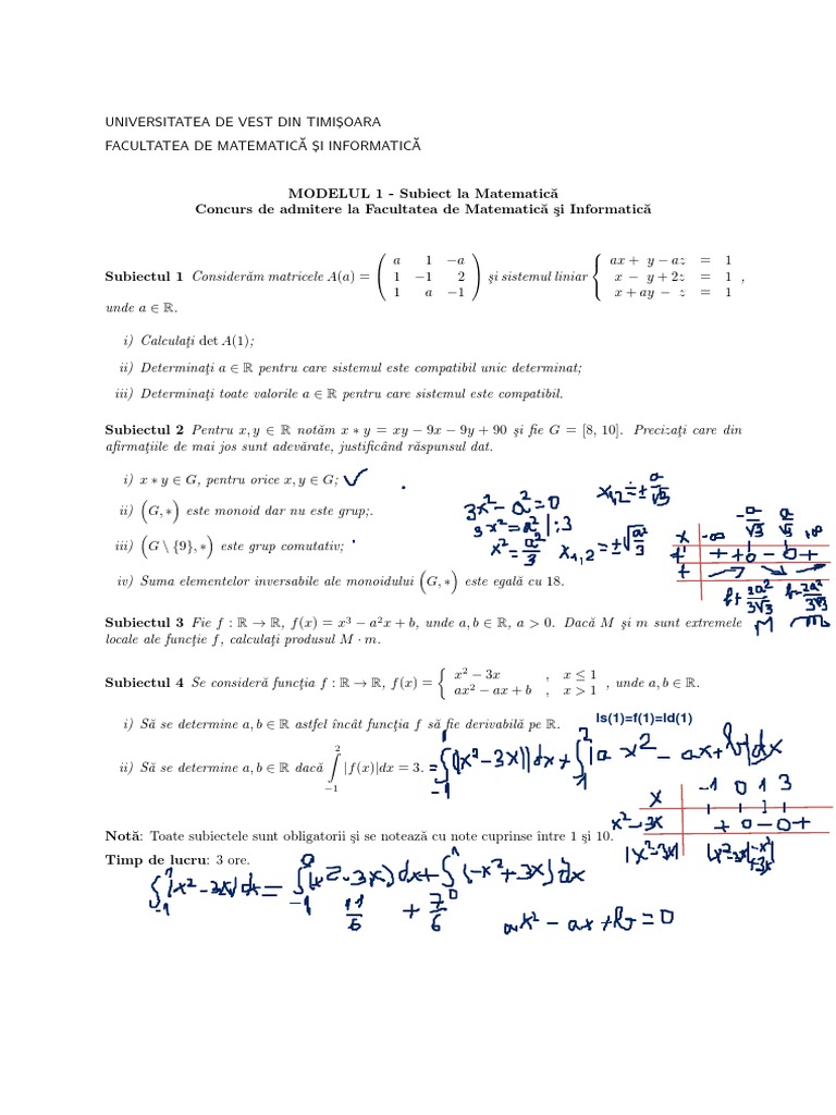 Subiect Matematica Admitere Licenta - Model 1 | PDF