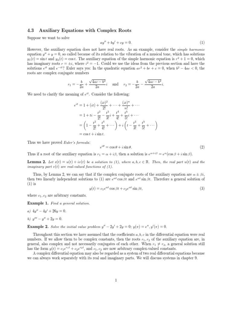 4.3 Auxiliary Equations With Complex Roots | PDF | Complex Number ...