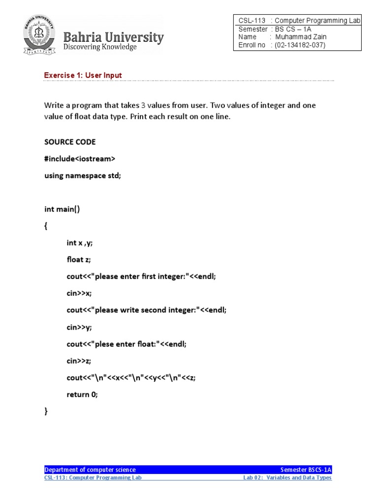 Write A Program That Takes 3 Values From User. Two Values of Integer and One Value of Float Data ...
