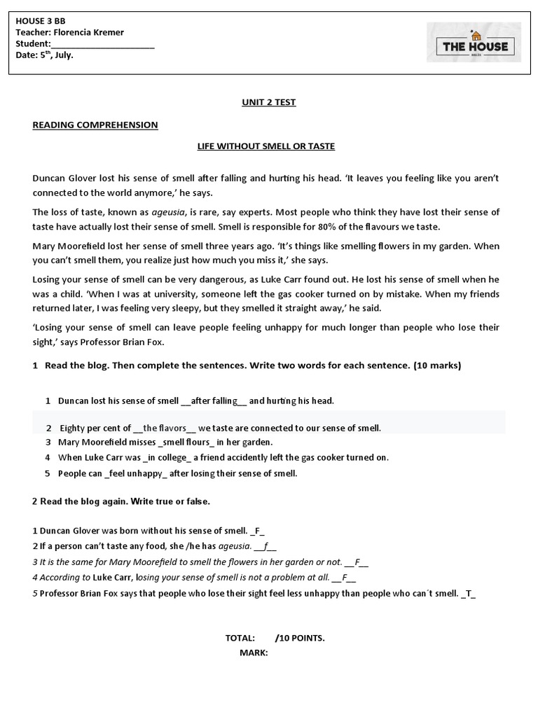 Unit 2 Test: Reading Comprehension Key | PDF | Language Arts & Discipline