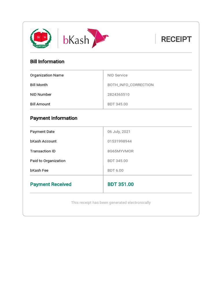 Receipt for NID Services Bill Payment via bKash Mobile Financial Services of BDT 345 Paid on ...