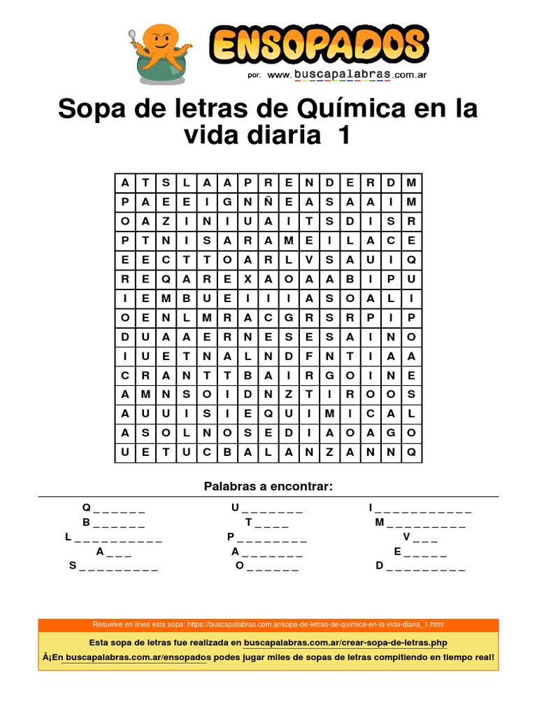 Sopa de Letras de Química en La Vida Diaria - 1 | PDF