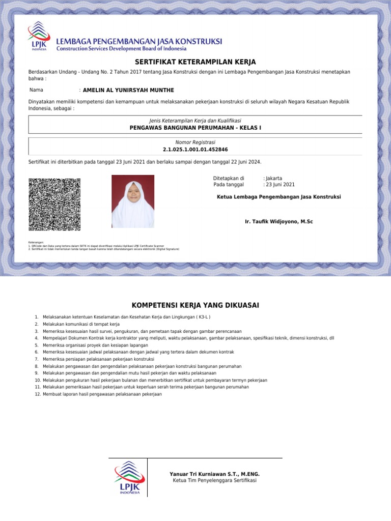 Sertifikat Keterampilan Kerja: Amelin Al Yunirsyah Munthe | PDF