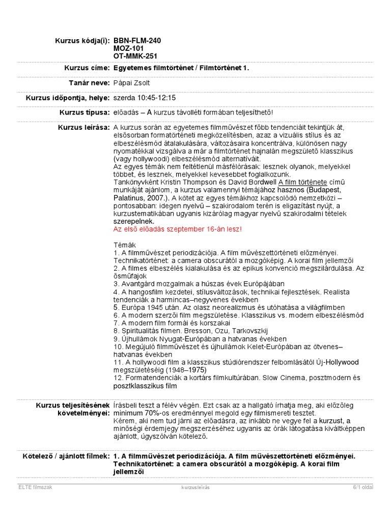 FLM-240-MOZ-101-OT-MMK-251-Egyetemes-filmtörténet-Pápai-Zsolt | PDF