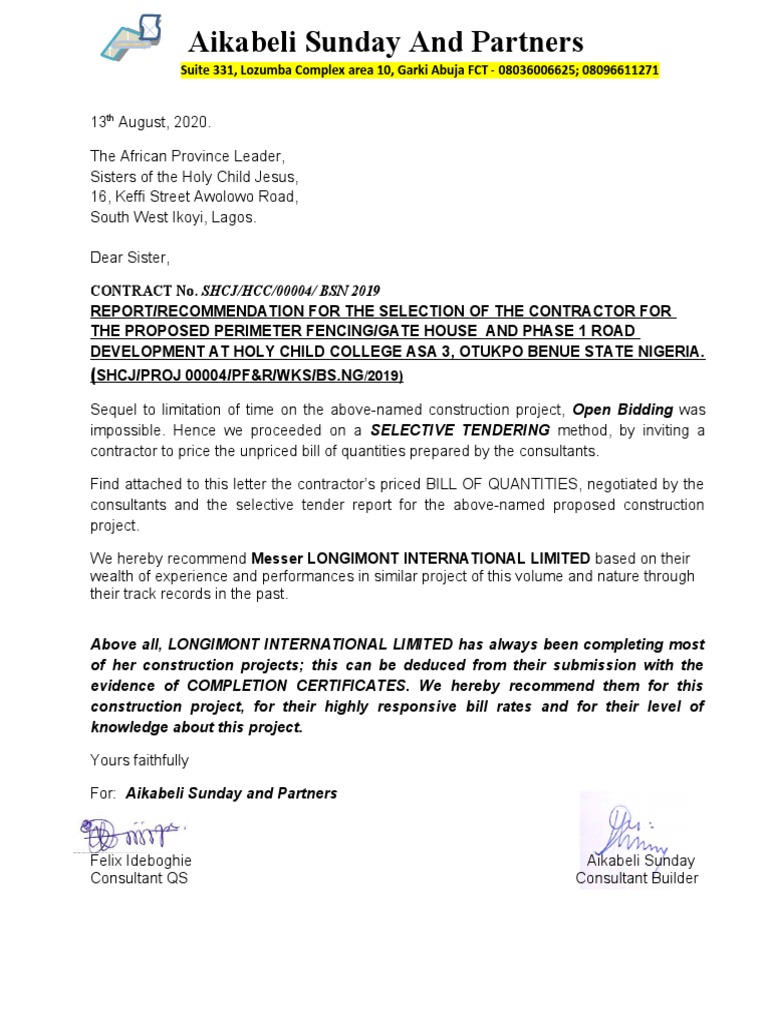 Selective Tender Report Cover Letter Corrected | PDF