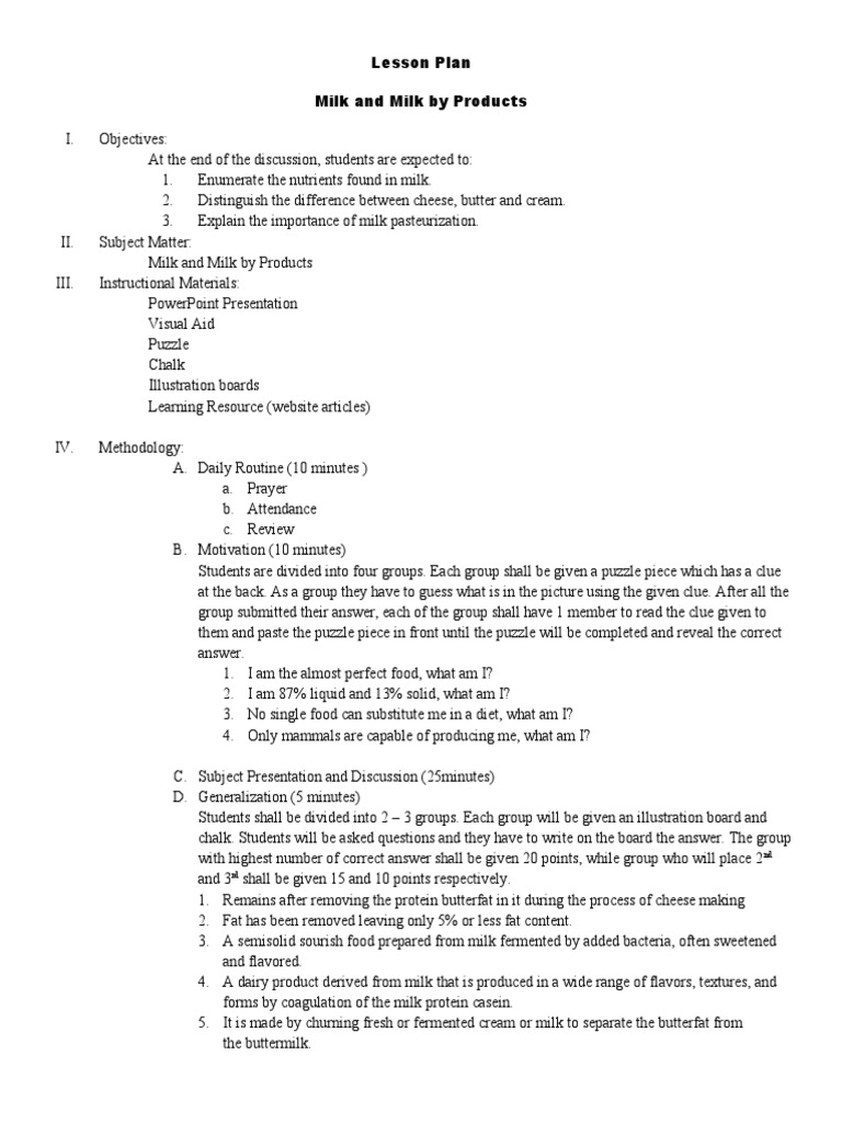 Lesson Plan Milk and Milk by Products | PDF | Butter | Milk
