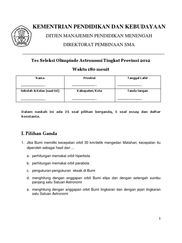 Soal OSP Astronomi 2012 | PDF