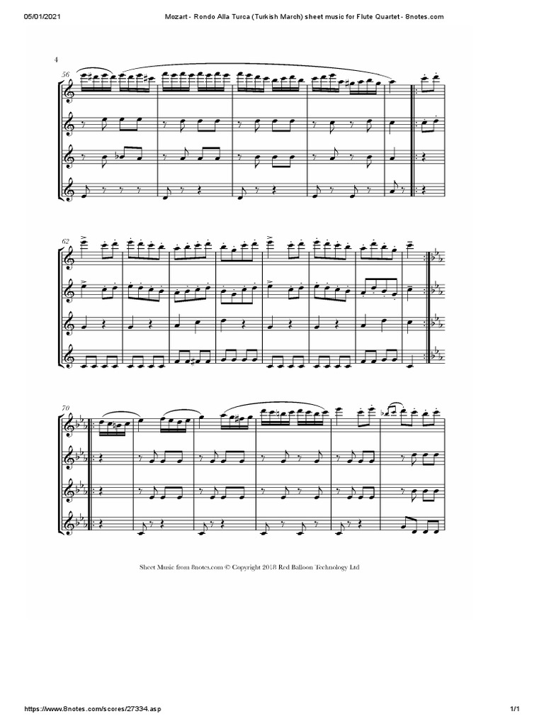 Mozart - Rondo Alla Turca (Turkish March) Sheet Music For Flute Quartet ...