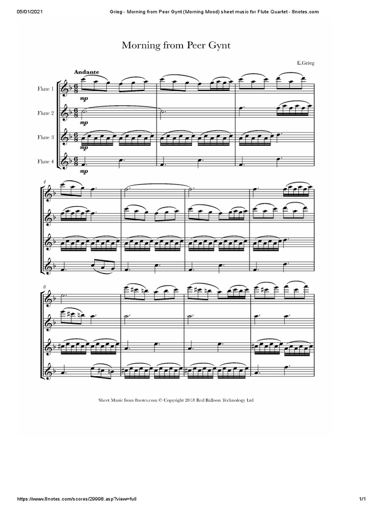 Grieg - Morning From Peer Gynt (Morning Mood) Sheet Music For Flute ...