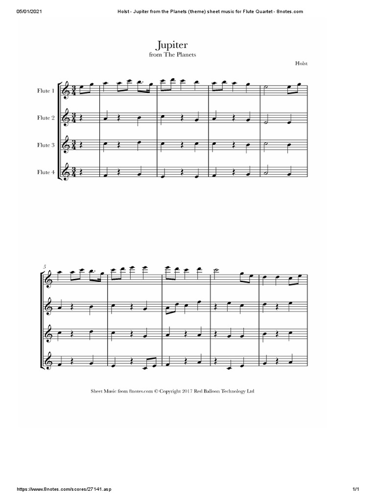 Holst - Jupiter From The Planets (Theme) Sheet Music For Flute Quartet ...