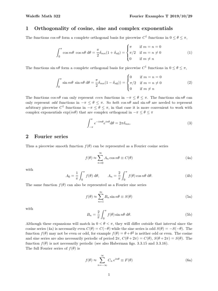 1 Orthogonality of Cosine, Sine and Complex Exponentials | PDF | Sine | Fourier Series