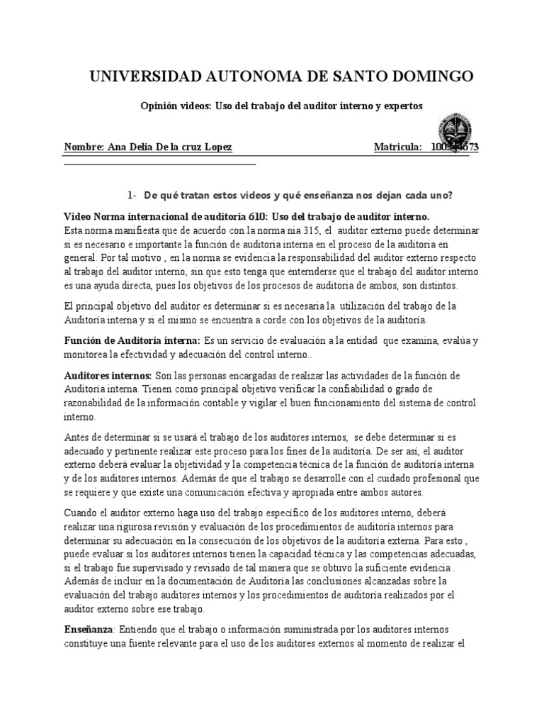 Opinión Nias 610 y 620 | PDF | Auditoría | Contralor