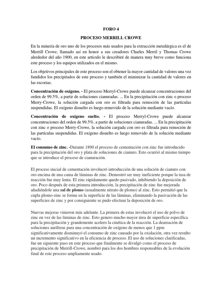 FORO 4. Proceso Merril Crowe | PDF | Precipitación (Química) | Zinc