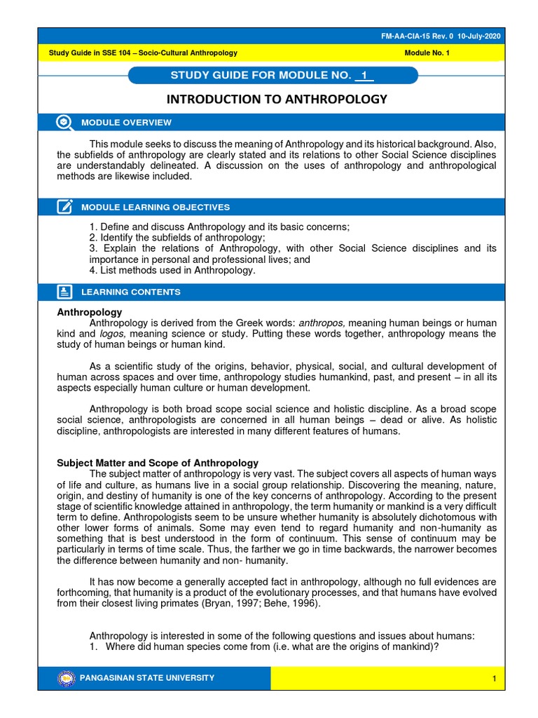 Introduction To Anthropology: Study Guide For Module No. - 1 | PDF ...