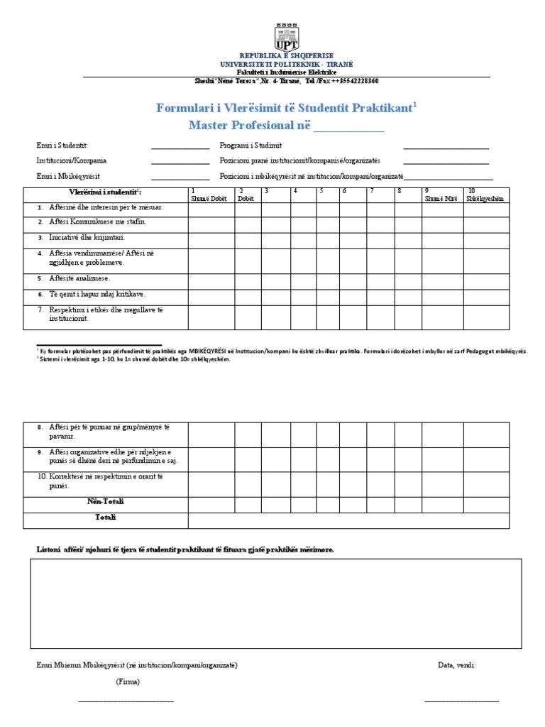 Formulari Vleresimi Studentit Praktika Mesimore | PDF