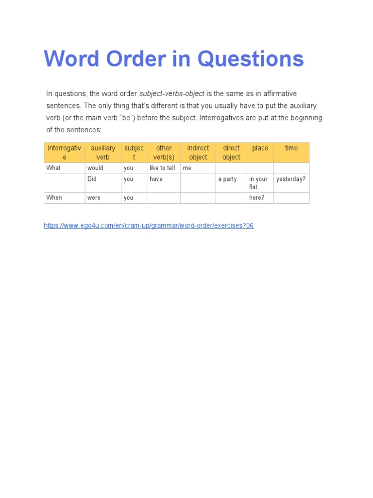 Word Order in Questions: Interrogativ e Auxiliary Verb Subjec T Other ...