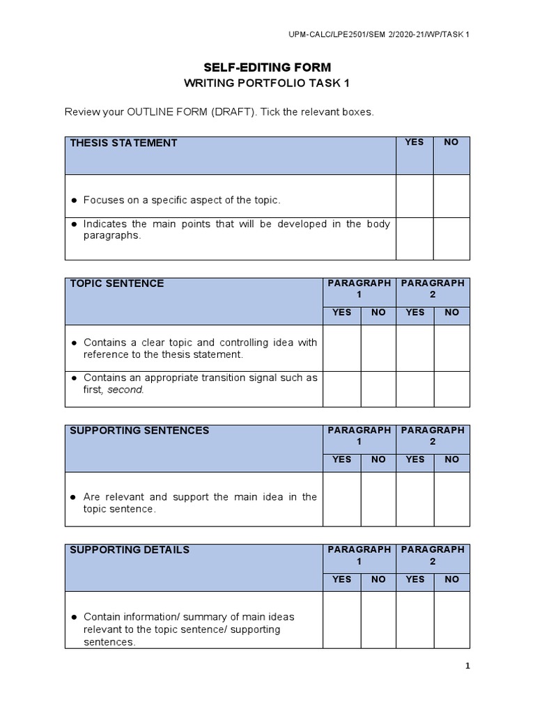 Lpe2501 Writing Portfolio Task 1 (Self-Editing Form) | PDF