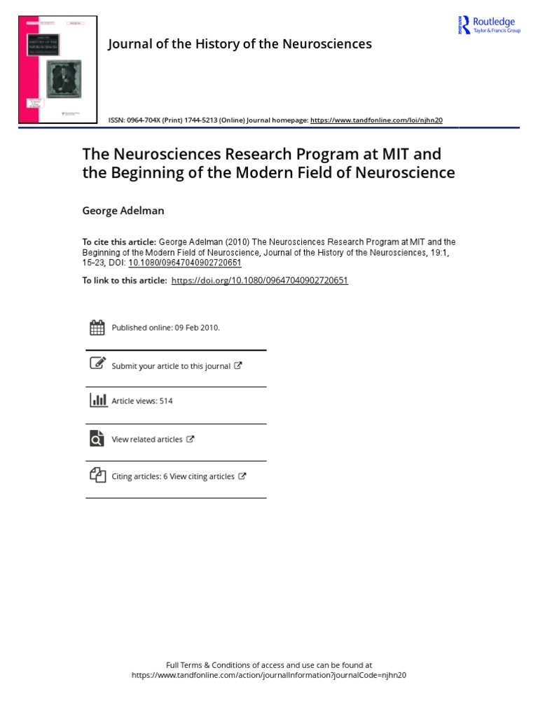 The Neurosciences Research Program at MIT and The Beginning of The ...