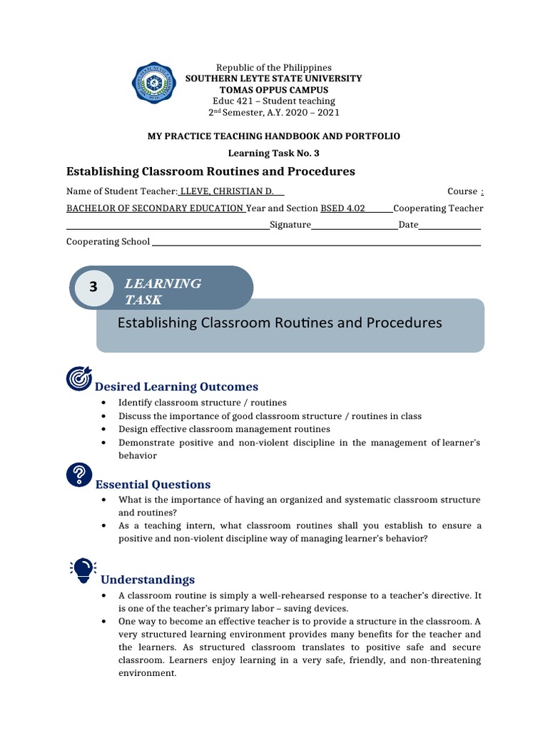 Establishing Classroom Routines and Procedures: Learning Task | PDF ...