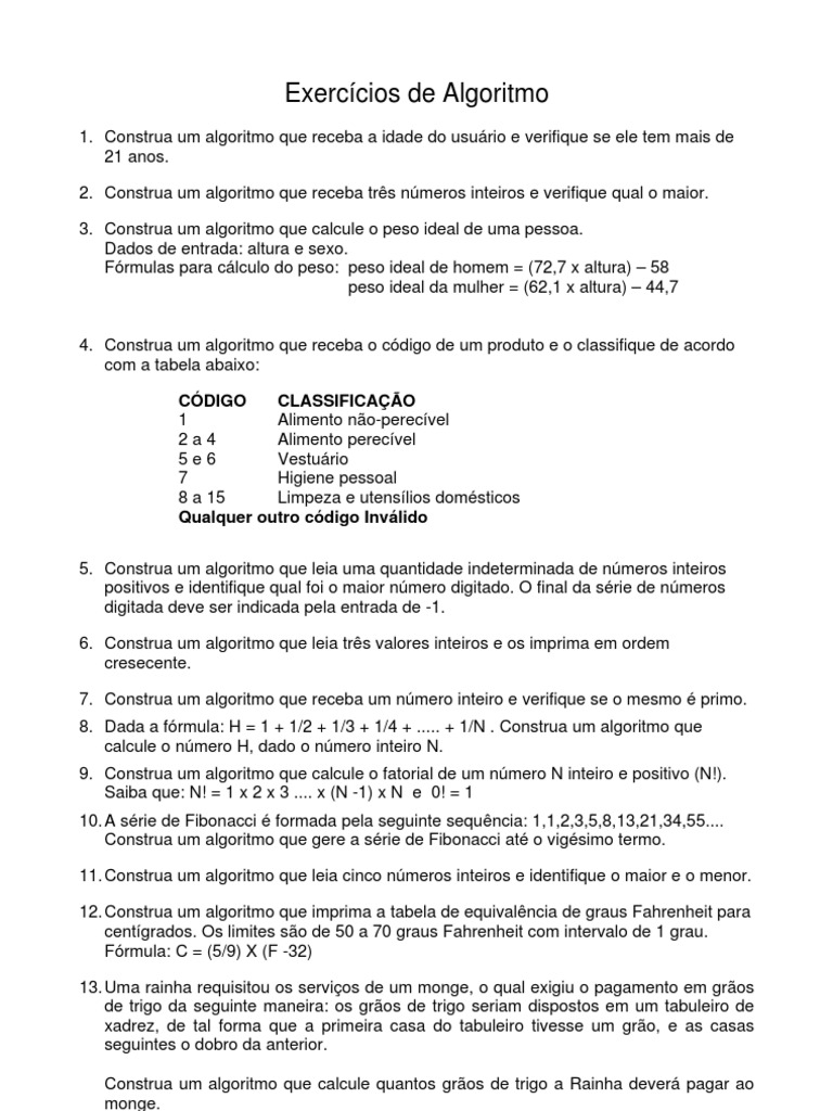 Exercício de Algoritmo | PDF | Algoritmos | Ensino de Matemática