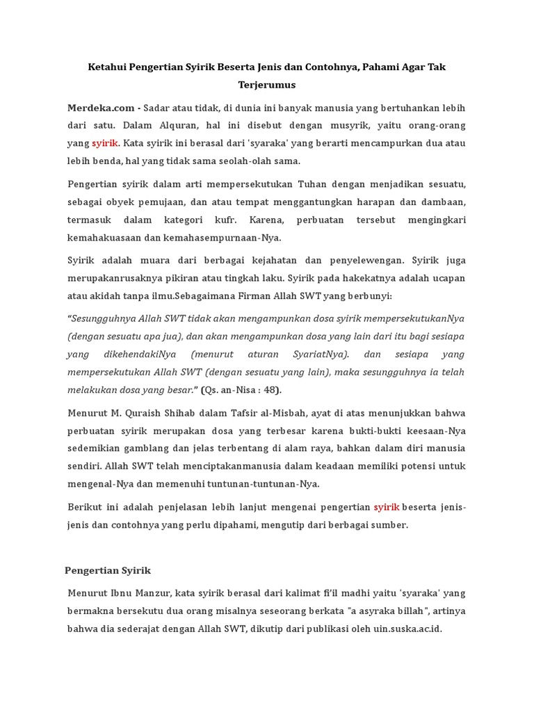 Ketahui Pengertian Syirik Beserta Jenis Dan Contohnya | PDF
