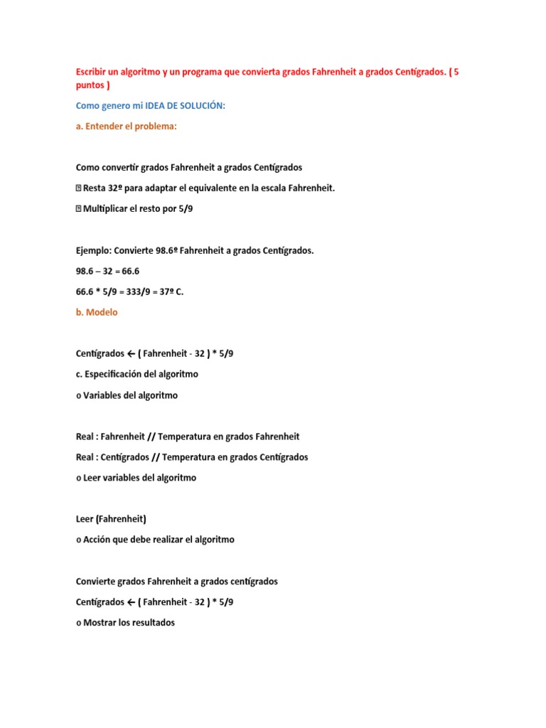 Algoritmo y programa para convertir grados Fahrenheit a grados ...