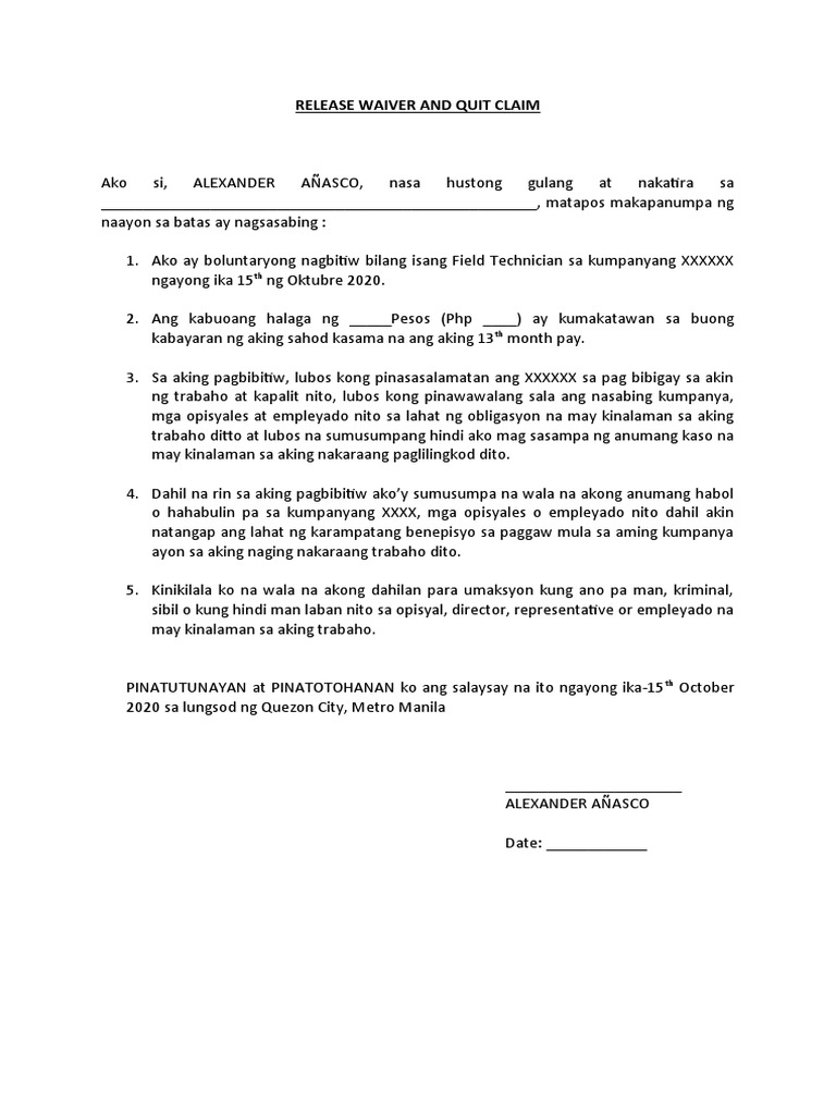 RELEASE WAIVER AND QUIT CLAIM - Tagalog | PDF