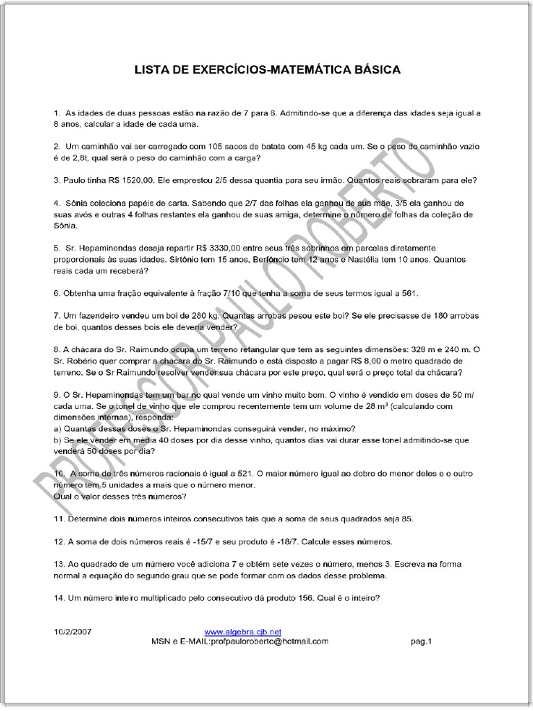 LISTA DE EXERCÍCIOS-MATEMÁTICA BÁSICA - PDF Download Grátis | PDF