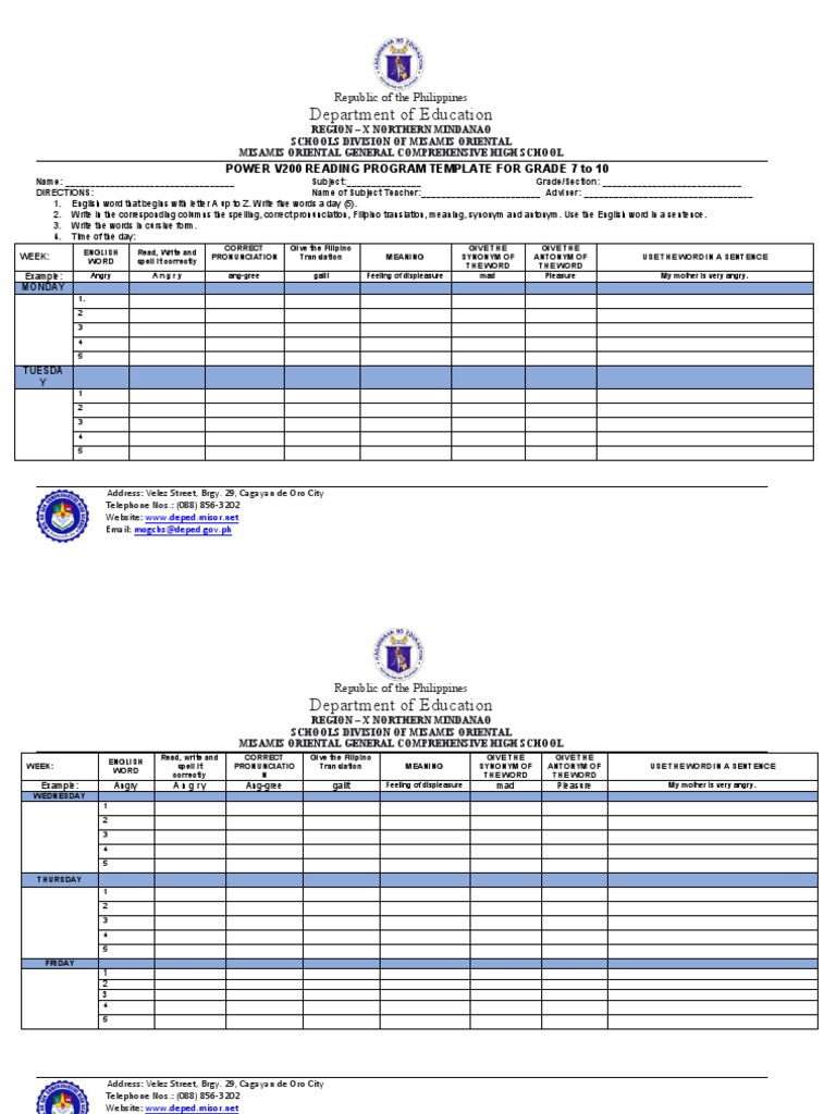 Department of Education: Power V200 Reading Program Template For Grade ...