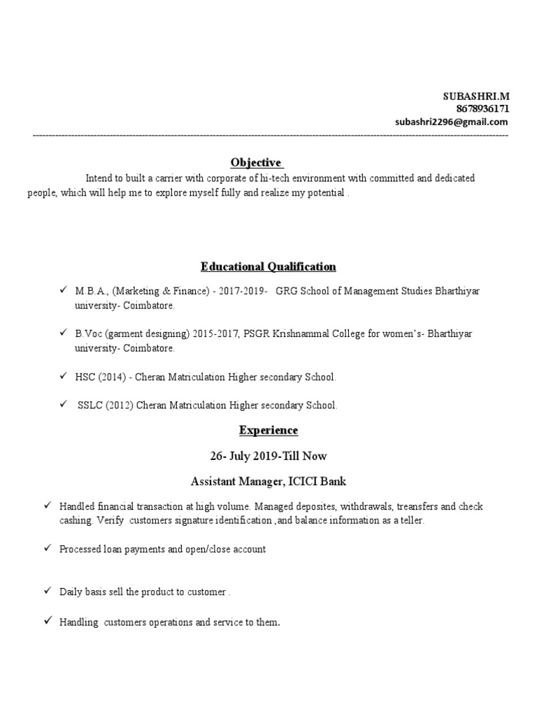 SUBASHRI Resume | PDF | Financial Services | Banking