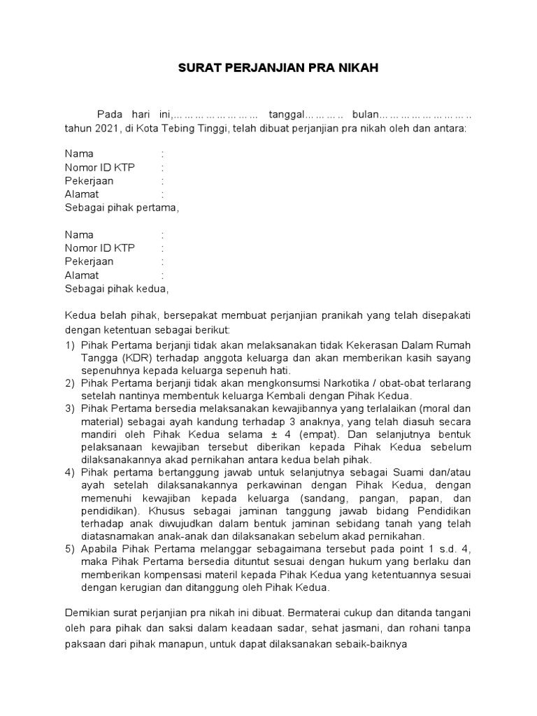 Surat Perjanjian Pra Nikah Docx 1 | PDF