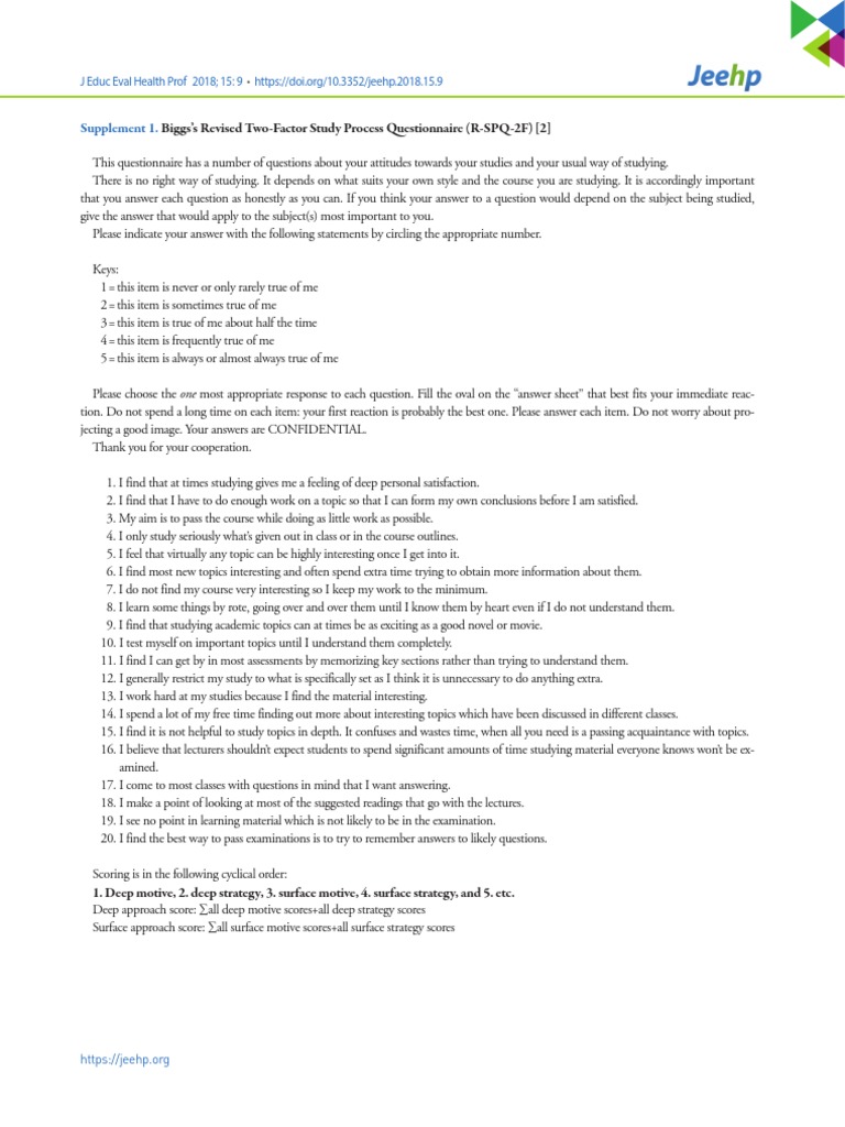 R-SPQ-2F Study Process Questionnaire | PDF | Question | Test (Assessment)
