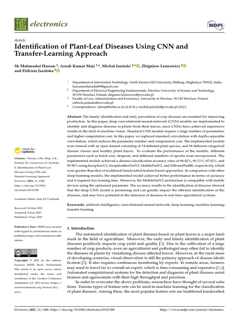 Electronics: Identification of Plant-Leaf Diseases Using CNN and ...
