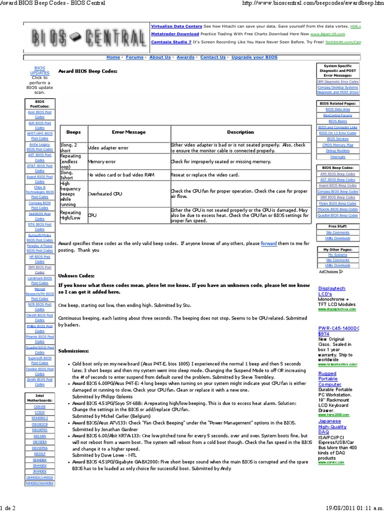 Award BIOS Beep Codes - BIOS Central | Download Free PDF | Bios | Booting