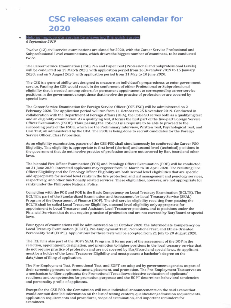 CSC Releases 2020 Civil Service Exam Schedule and Requirements | PDF ...