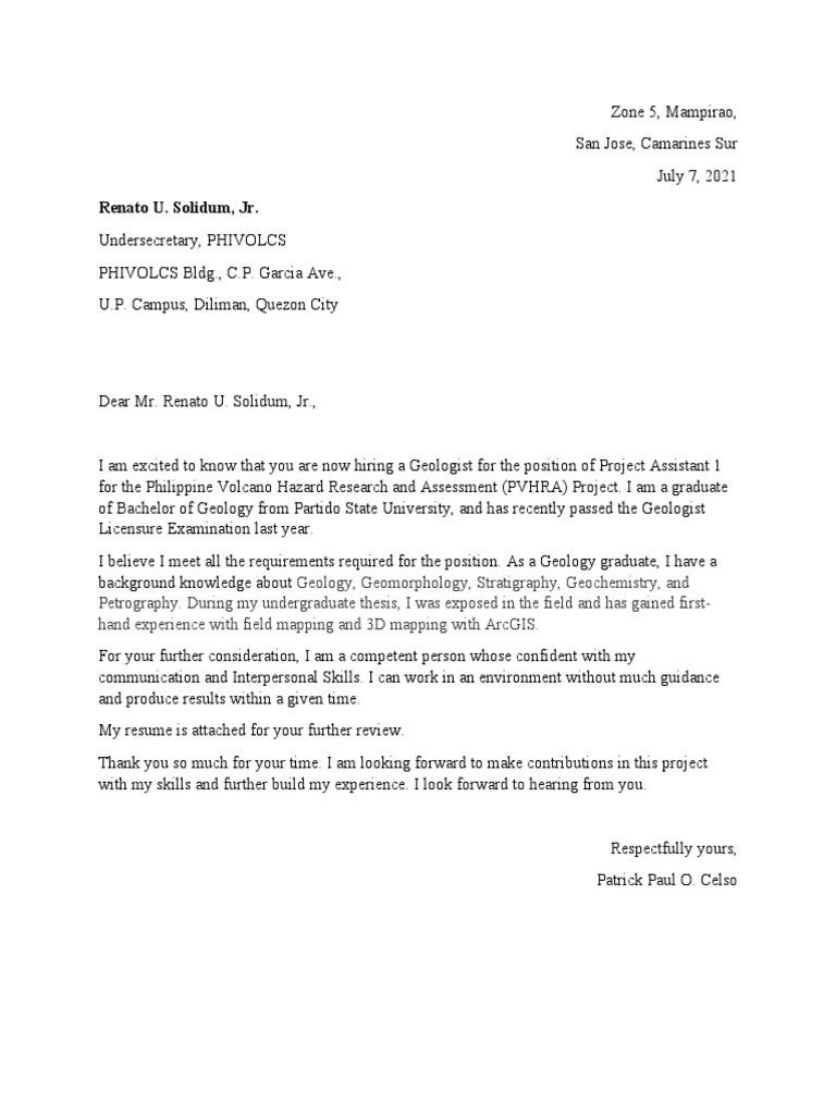 Application Letter Fresh Graduate of BS GEOLOGY | PDF