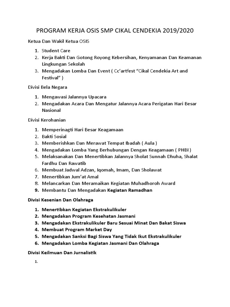 Program Kerja Osis SMP Cikal Cendekia 2019 | PDF | Perjalanan