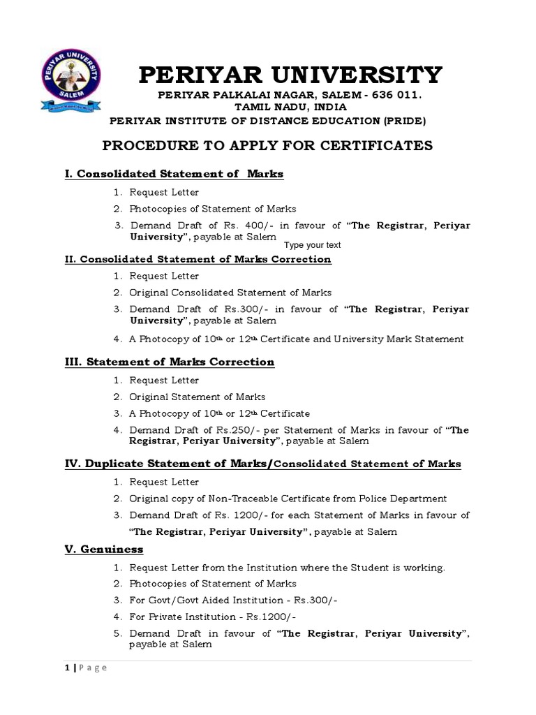 Periyar University: Procedure To Apply For Certificates | PDF | Business